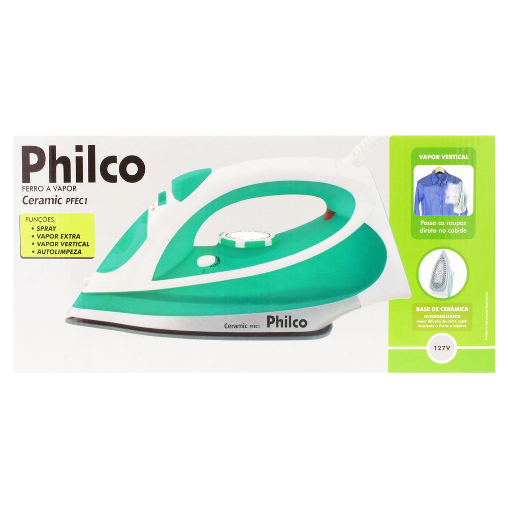 Ferro de Passar a Vapor Verde Ceramic PFEC1 Philco 127V - drogariamoderna