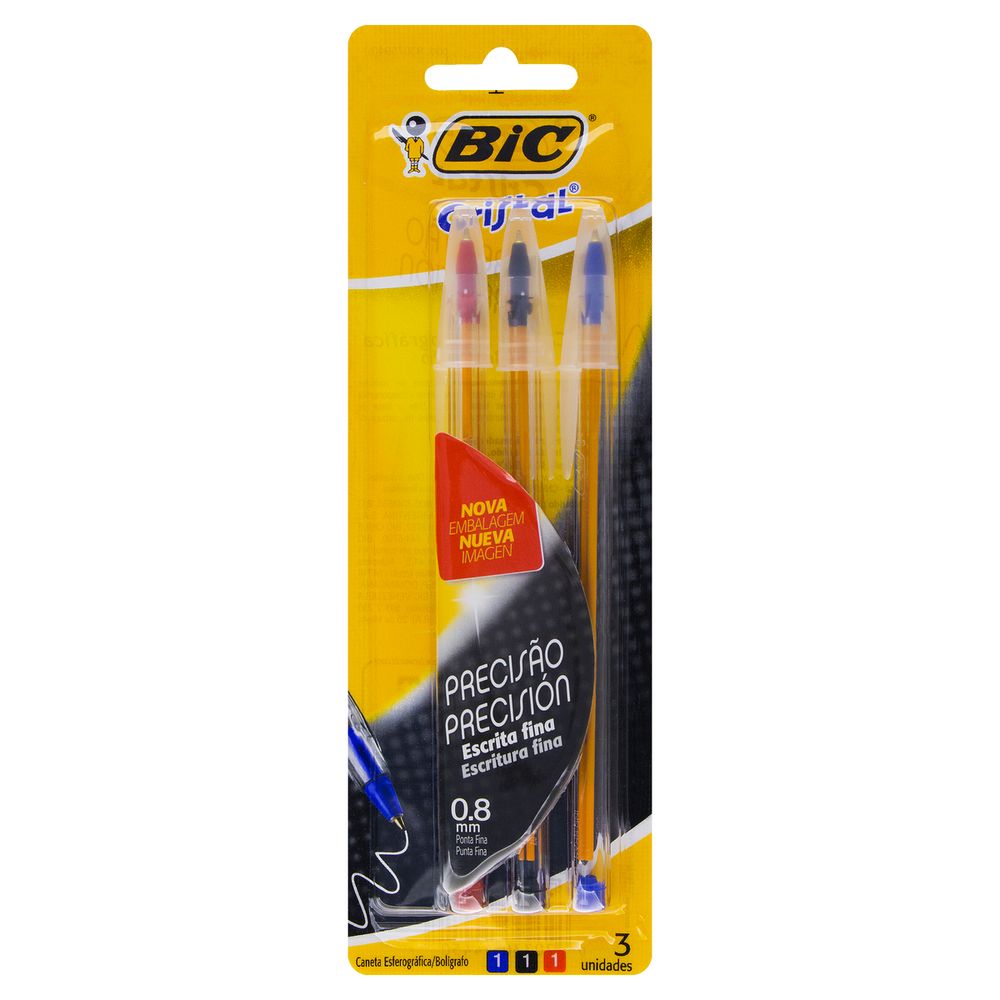 Caneta Esferográfica 0,8Mm Ponta Fina Bic Cristal 3 Unidades - drogariamoderna